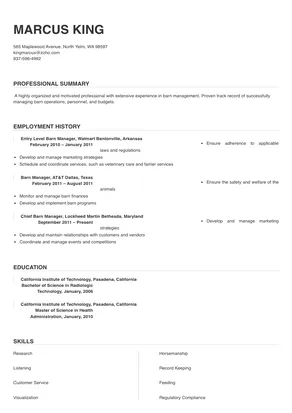 Barn Manager Resume Sample & Tips | Online Resume Builder