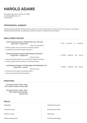 Broadcast Engineer Resume Sample & Tips | Online Resume Builder