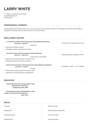 Concrete Finisher Resume Sample & Tips | Online Resume Builder