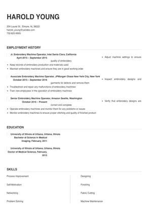 Embroidery Machine Operator Resume Sample & Tips | Online Resume Builder