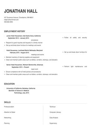Hotel Houseman Resume Sample & Tips | Online Resume Builder