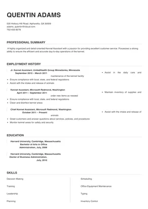 Kennel Assistant Resume Sample & Tips | Online Resume Builder
