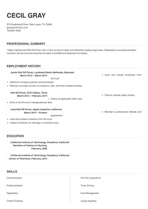Roll Off Driver Resume Sample & Tips | Online Resume Builder