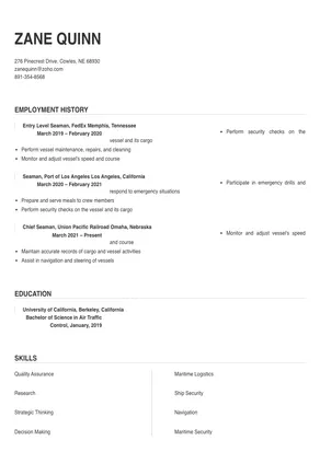 Seaman Resume Sample & Tips | Online Resume Builder