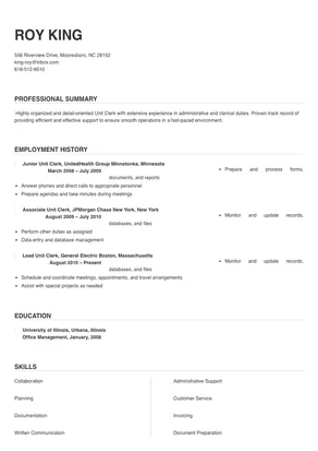 Unit Clerk Resume Sample & Tips | Online Resume Builder