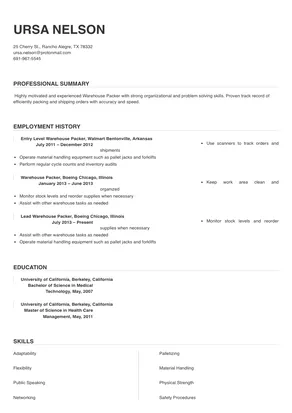 Warehouse Packer Resume Sample & Tips | Online Resume Builder
